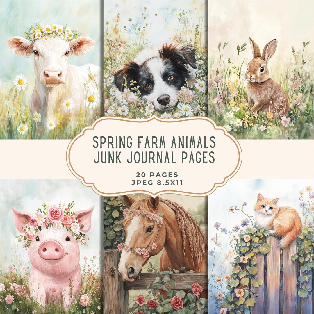Spring Farm Animals Junk Journal Kit, Floral Printable Pages, Country ...