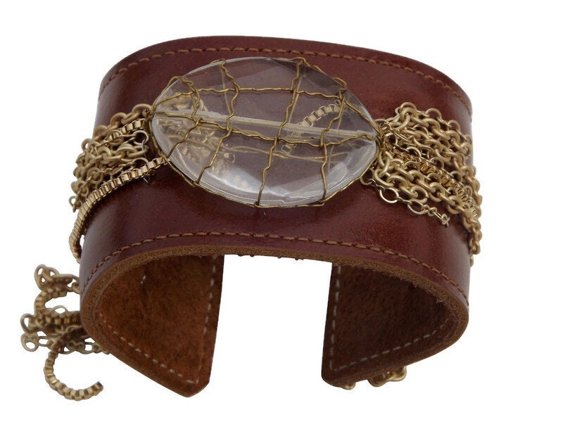 Brown Leather & Quartz Cuff - Etsy