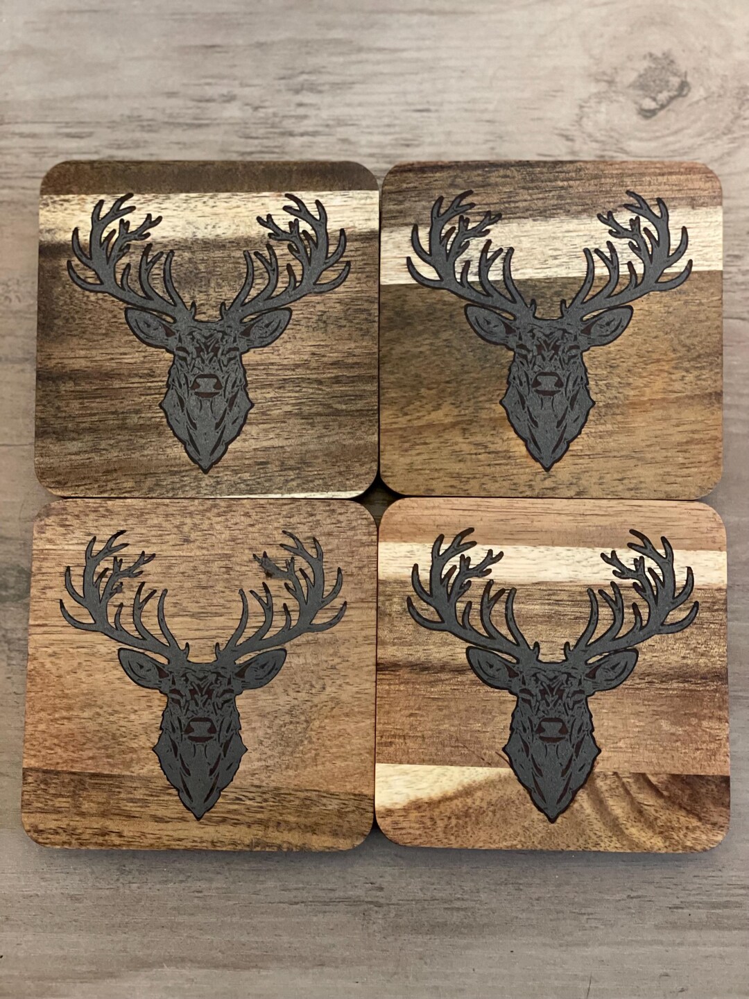 Deer Head Inlay Coaster Set: Acacia Wood Rustic Cabin Decor - Etsy