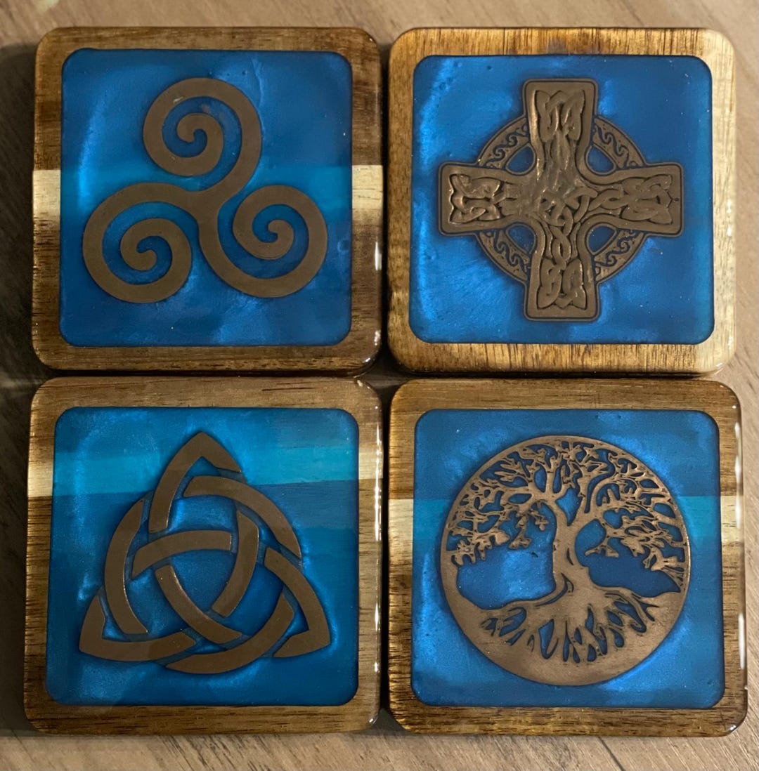 Handcrafted Celtic Symbol Coasters – Bronze Resin Inlay – Solid Wood ...