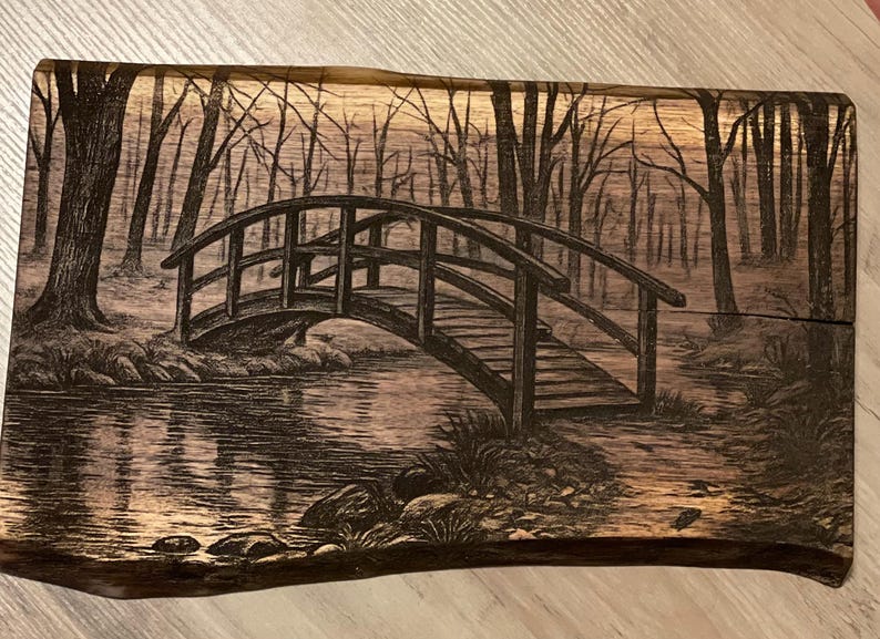 Laser Engraved Live Edge Wood Wall Art – Forest Bridge Scene, Includes ...