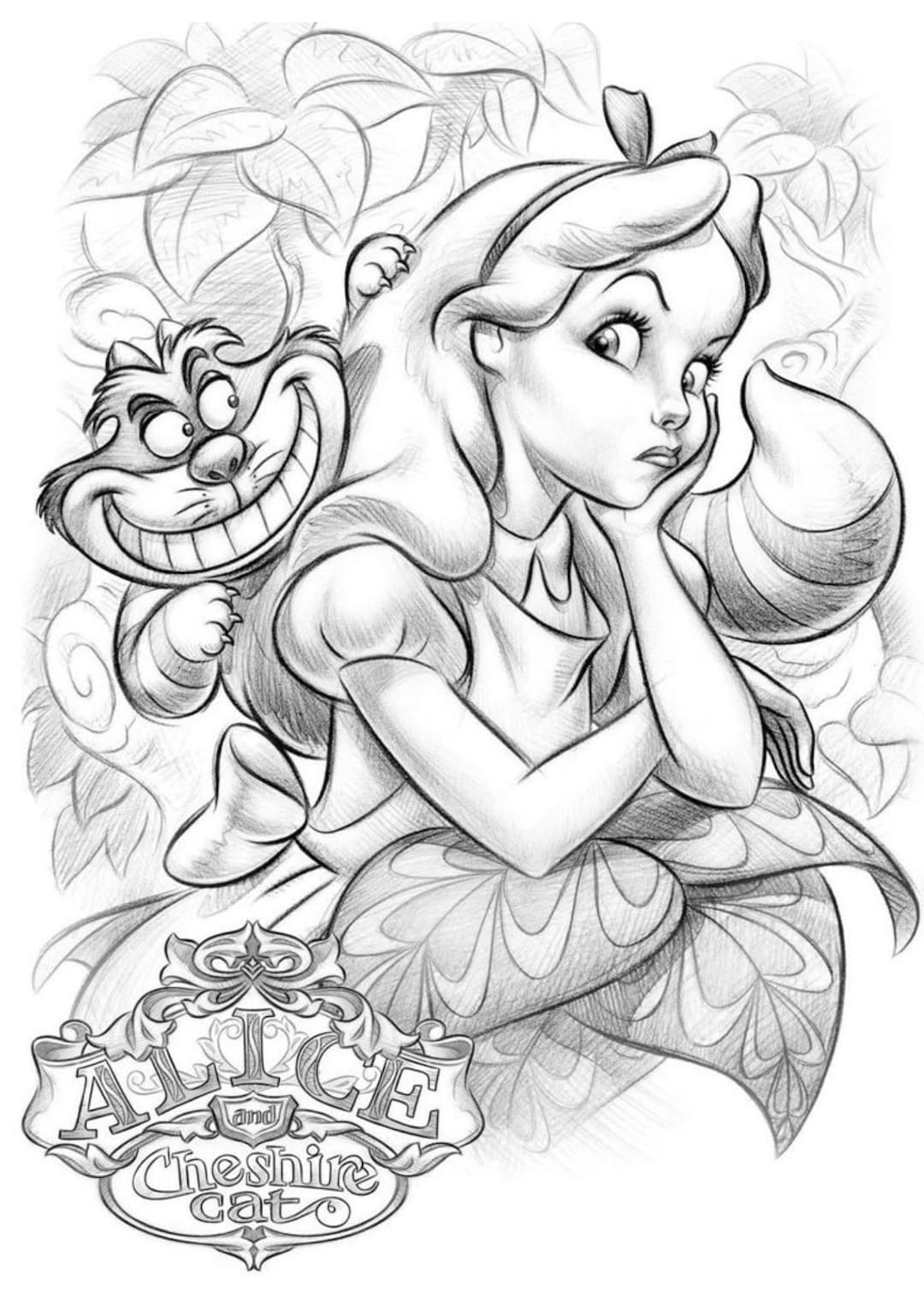 Alice in Wonderland Coloring Pages – Cheshire Cat Fantasy Art (PDF) - Etsy