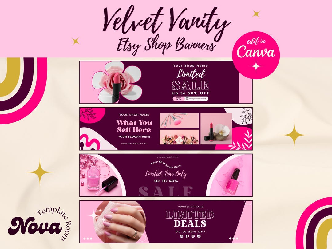 6 Canva Retro Glam Beauty Etsy Shop Banner Templates, Editable ...