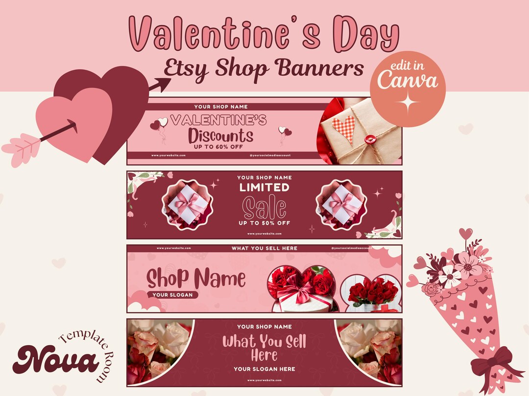 6 Valentine Etsy Shop Banners Canva Templates, Sweet Pink Aesthetic ...