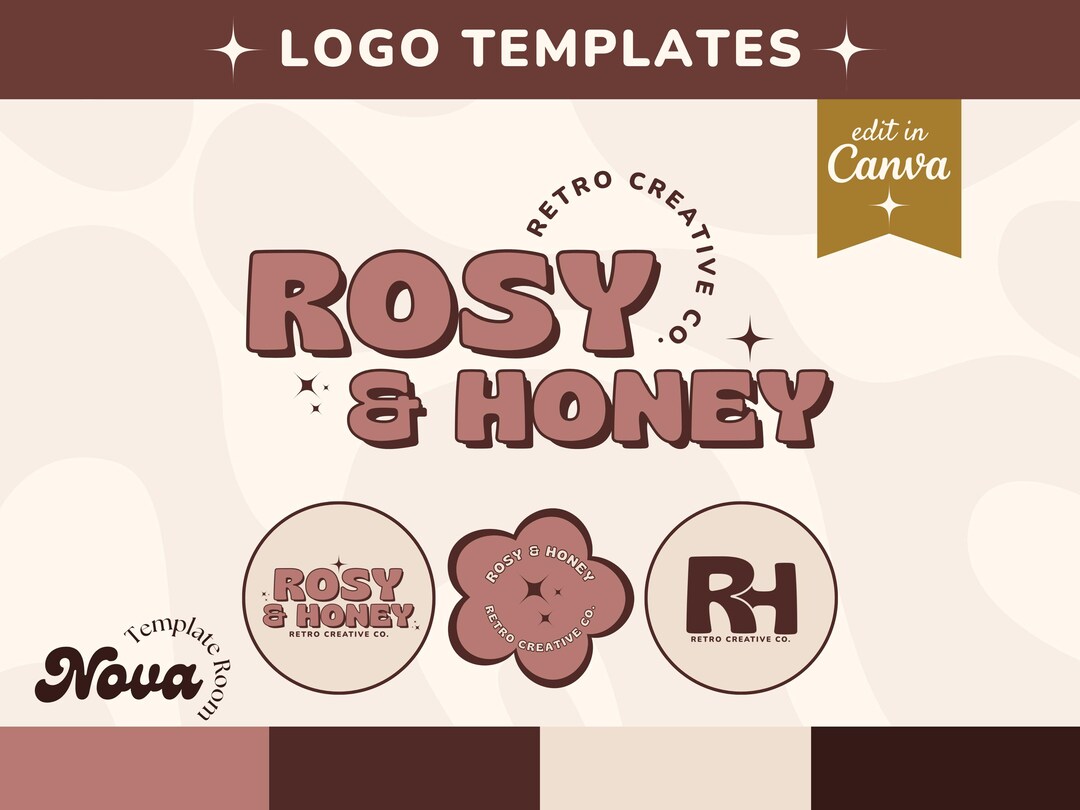 8 Retro Feminine Logo Canva Templates Bundle, Groovy DIY Branding Kit ...