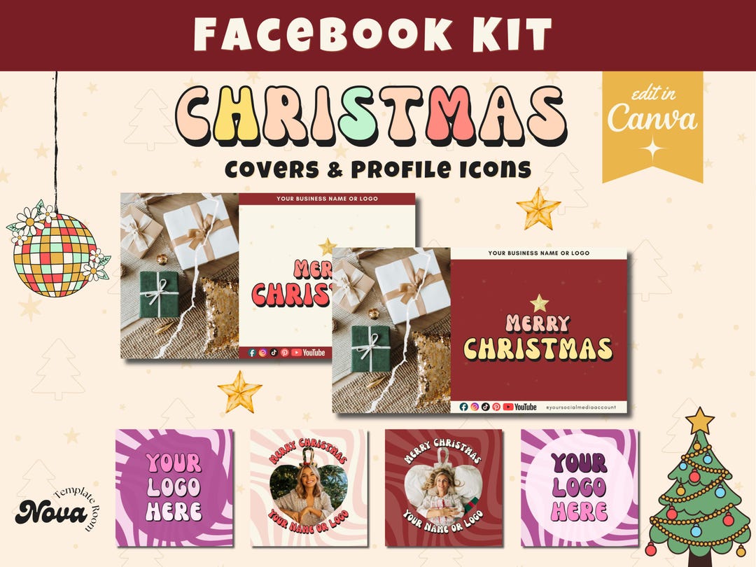 Retro Colorful Christmas Facebook Kit, Festive Cover & Profile Icon ...