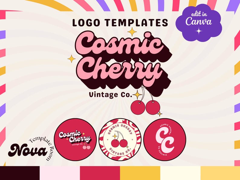Retro Groovy Spring DIY Logo Bundle, Editable Canva Logo Templates for ...