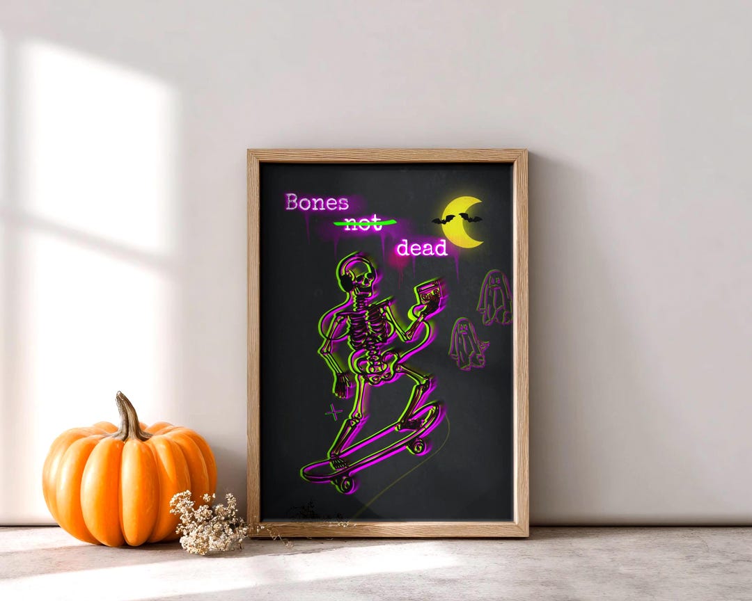 Halloween Skeleton Poster | Neon Creepy Gothic Wall Art | Printable ...