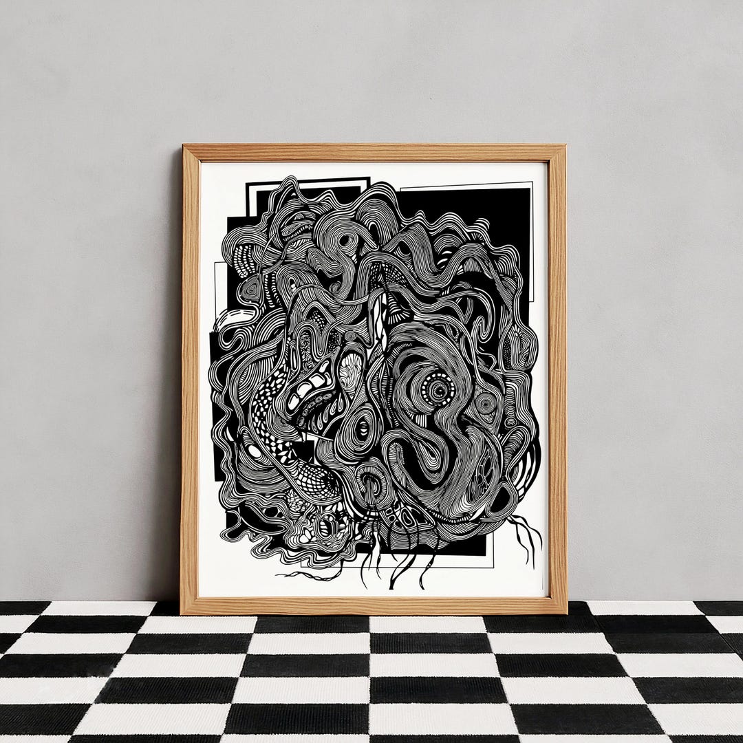 Trippy Zentangle Art Print: Black & White Optical Illusion (digital ...