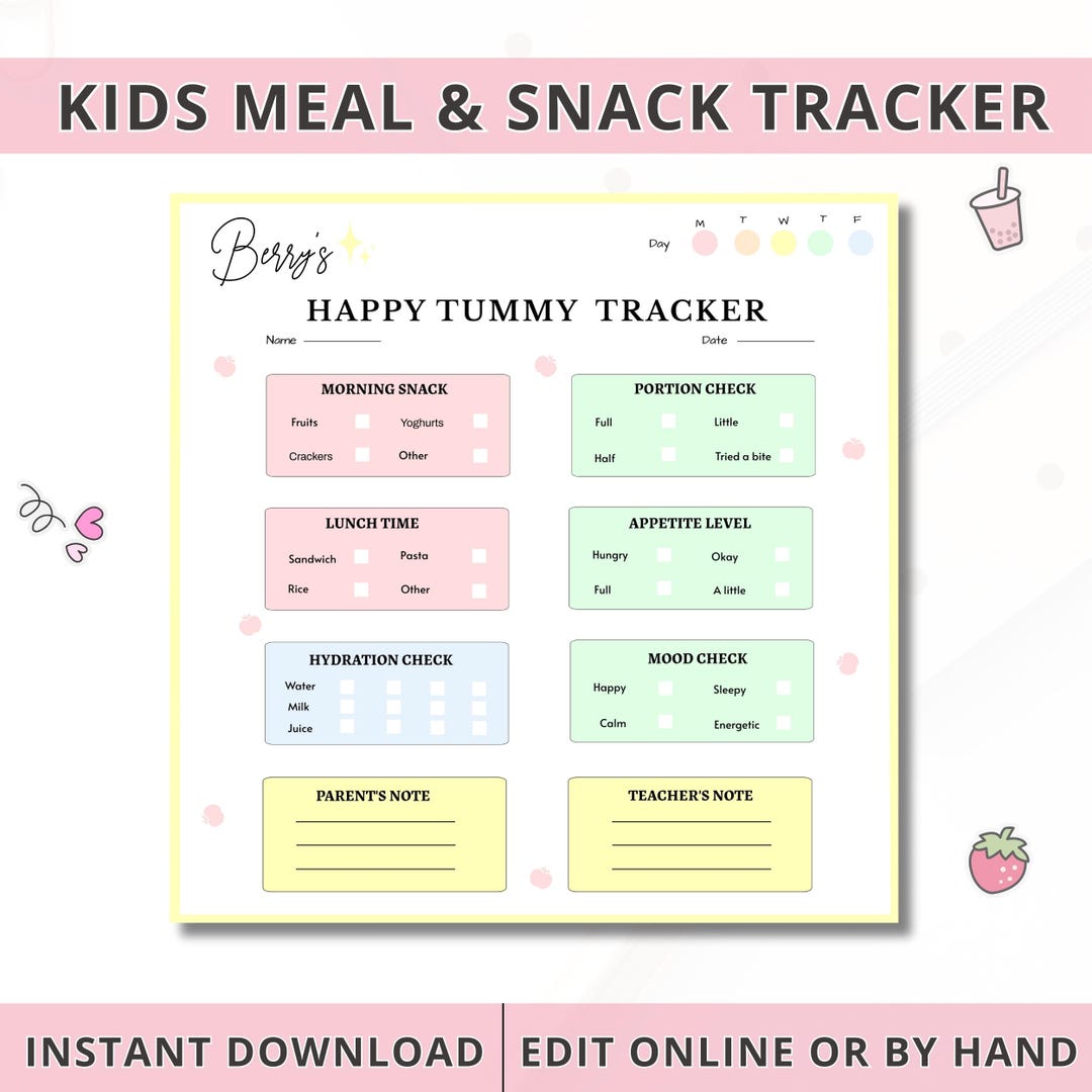 Printable Kids Meal & Snack Tracker | Daily Food and Hydration Log for ...