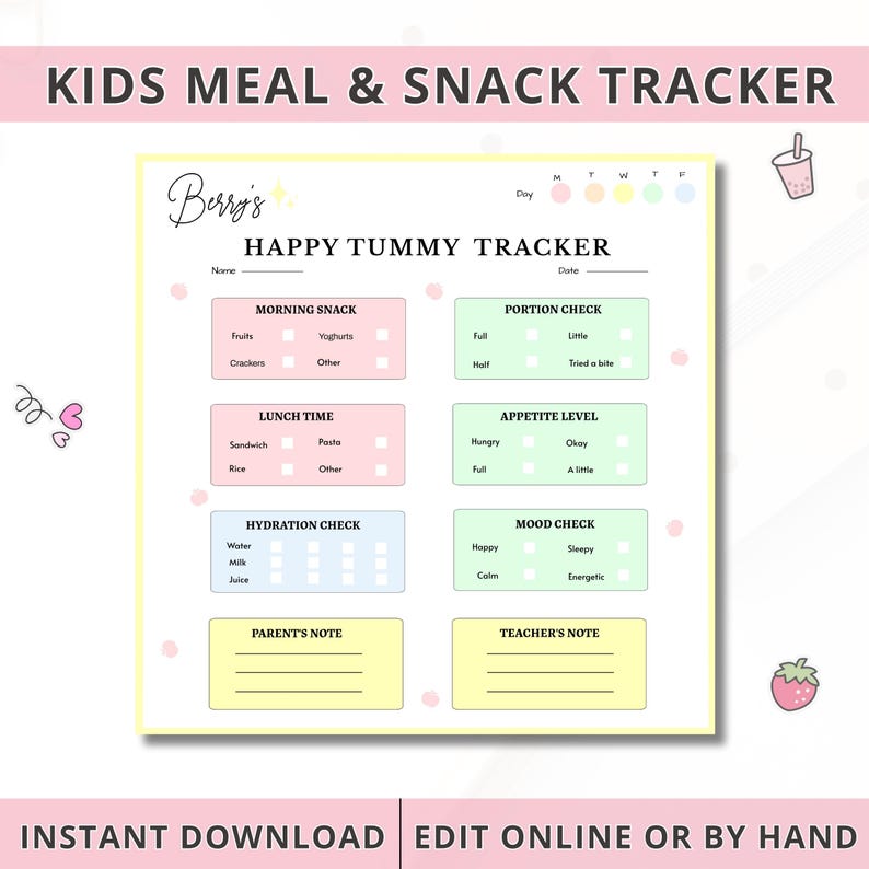 Printable Kids Meal & Snack Tracker | Daily Food and Hydration Log for ...