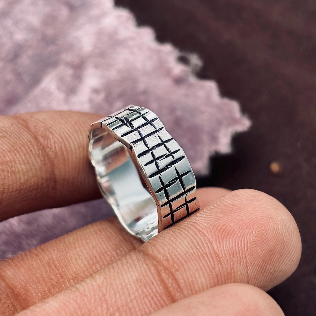 Textured Sterling Silver Band Ring – Hand-stamped Crosshatch Design ...