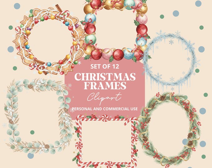 Watercolor Christmas Clipart: Vintage Holiday Frames (digital Download ...