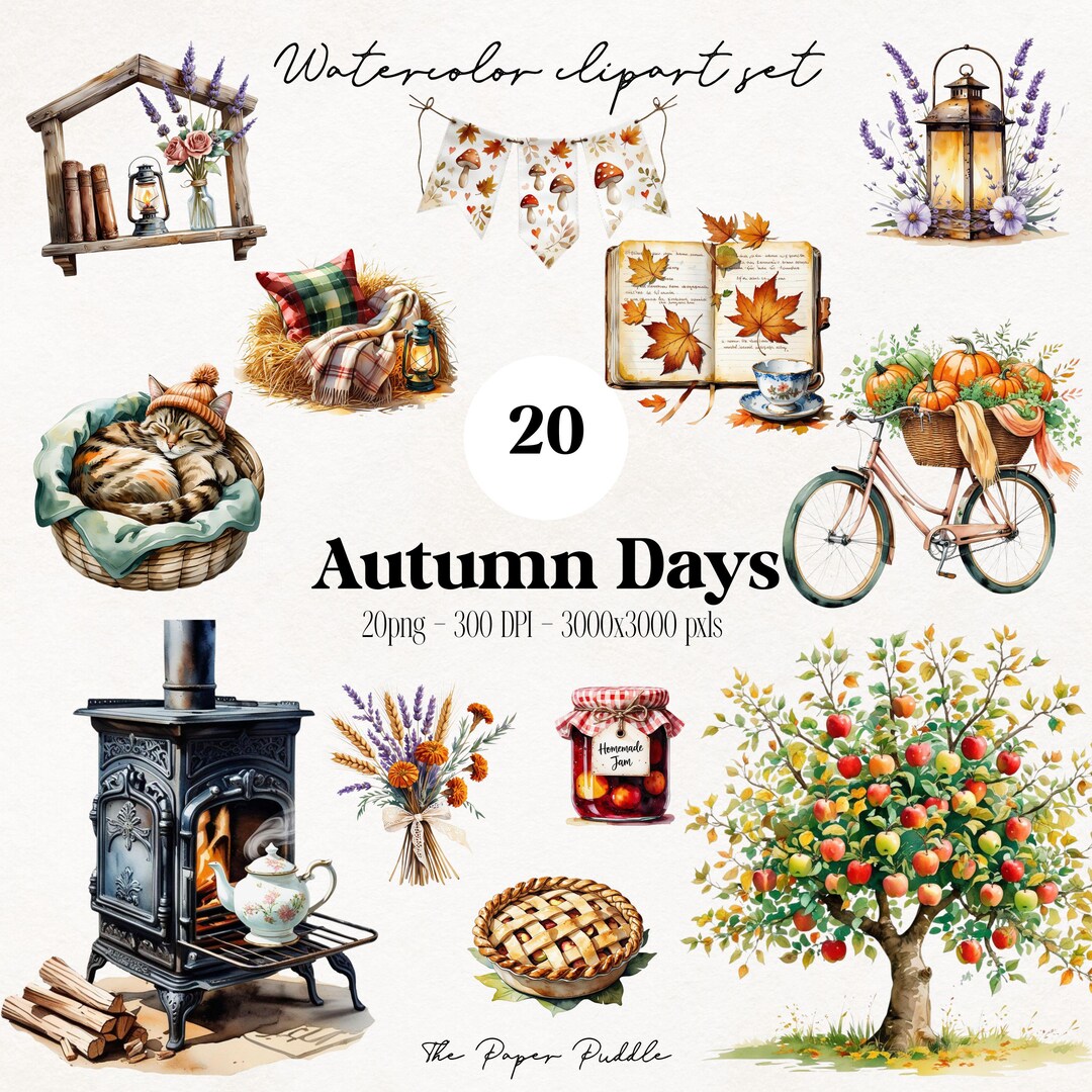 Autumn Days Watercolor Clipart Set, Cozy Fall Pngs, 20 Transparent ...