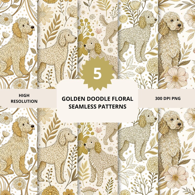 Golden Doodle Seamless Digital Paper, 5 High-resolution PNG Patterns ...