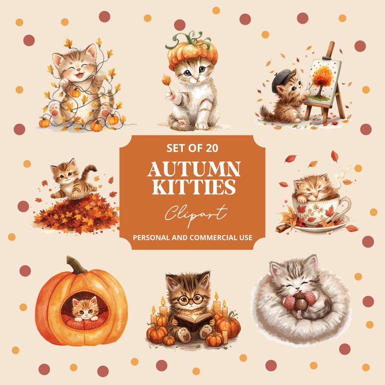 Autumn Kitties Clipart | Cozy Fall Cat PNG Bundle | Cute Autumn Cat ...
