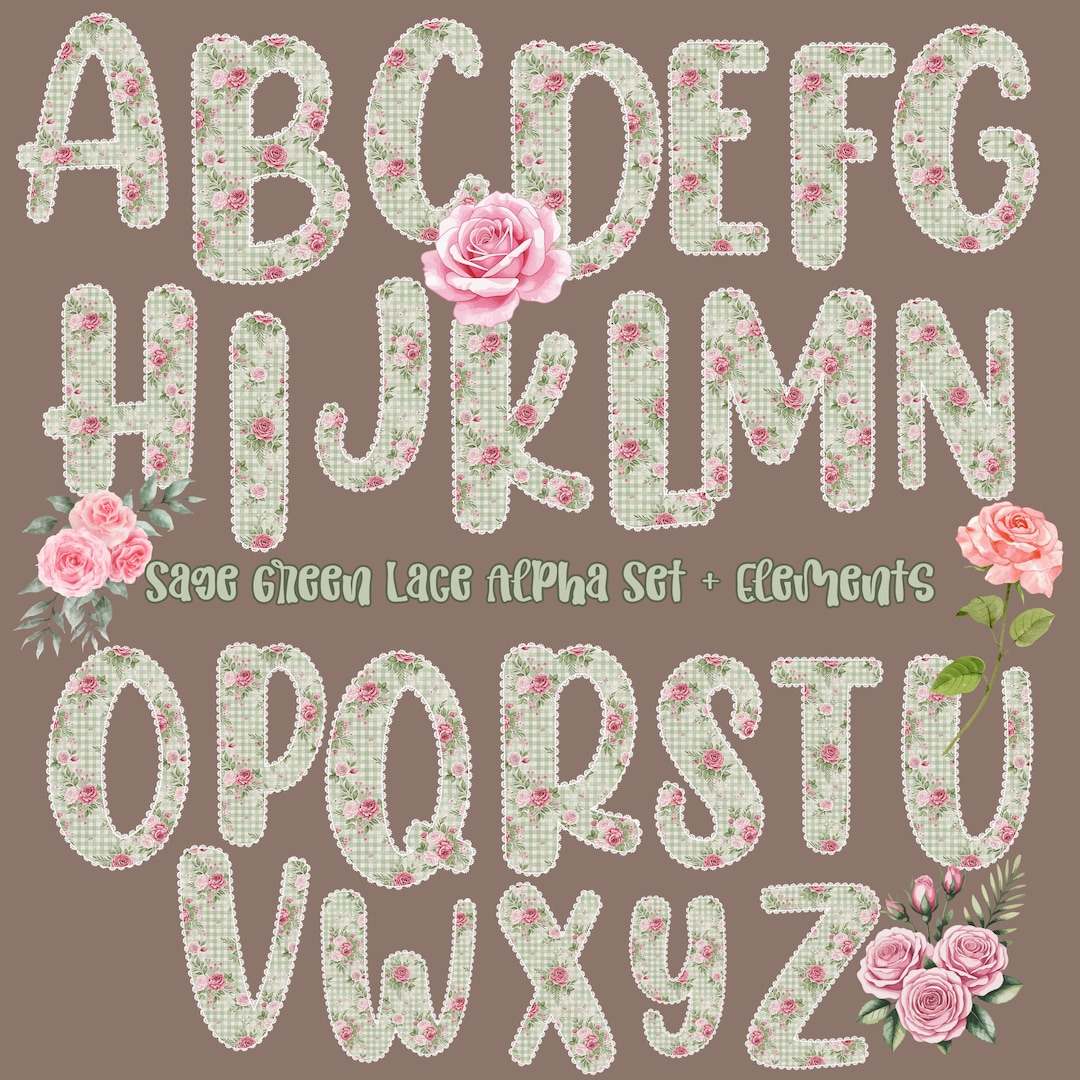 Sage Green Gingham Floral Alphabet PNG Bundle Coquette Aesthetic Preppy ...