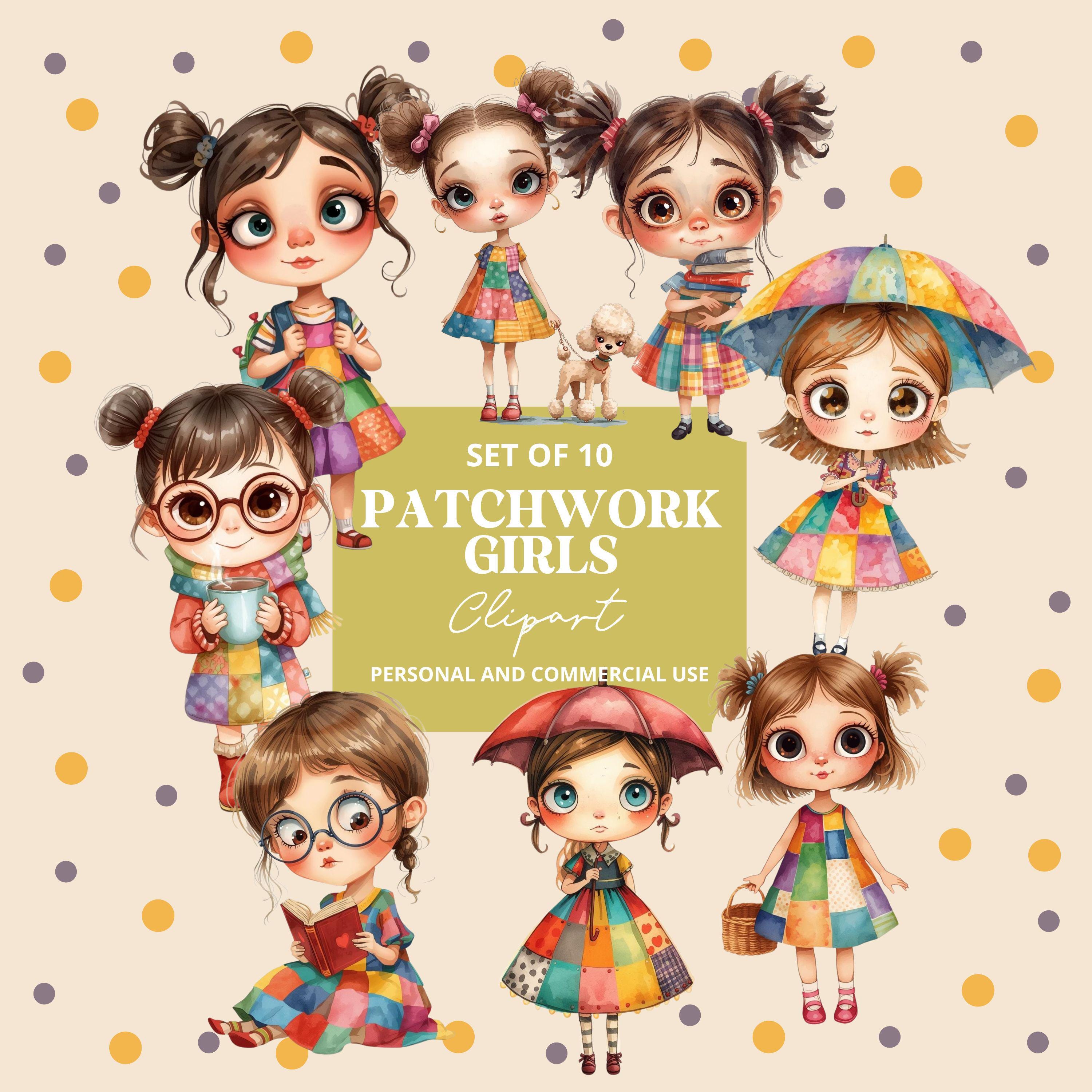 Quirky Little Girl Clipart, Trendy Patchwork Clipart, Birthday Art ...