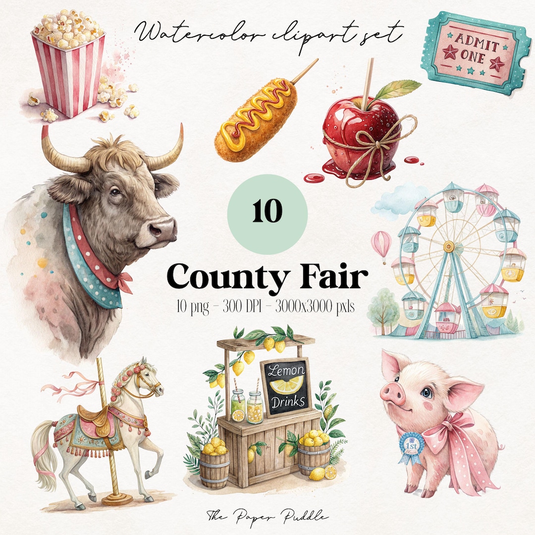 County Fair Clipart Set | 10 PNG Watercolor Farm Carnival Graphics ...