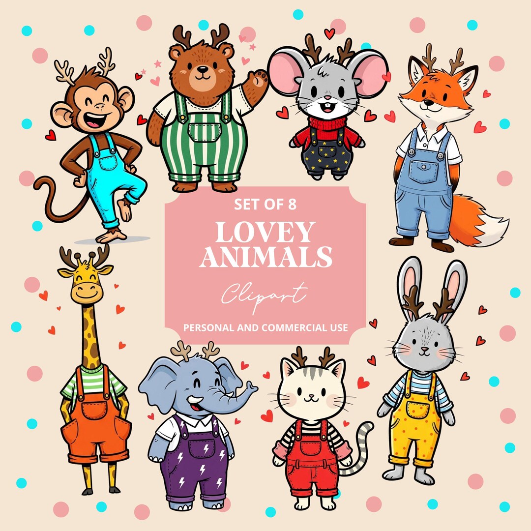 Love Animals Clipart, Cute Animals PNG, Digital Clipart Pack, Valentine ...