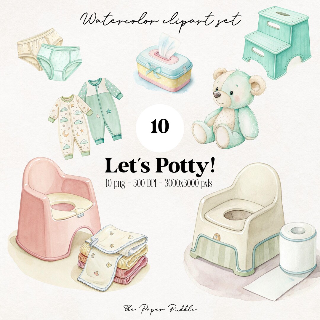 Potty Training Clipart Set | 10 PNG Watercolor Potty Training Graphics ...