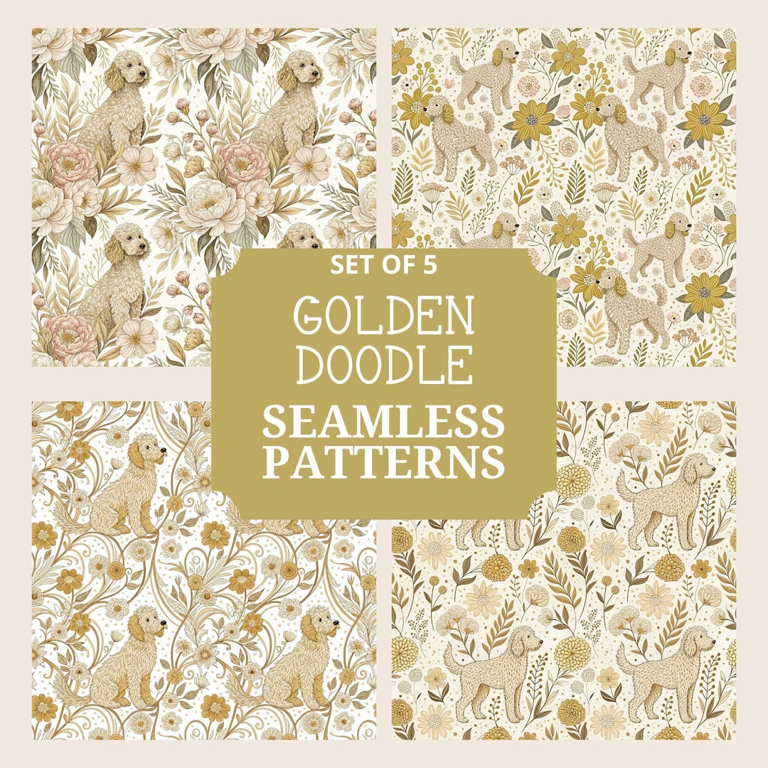 Golden Doodle Seamless Digital Paper, 5 High-resolution PNG Patterns ...