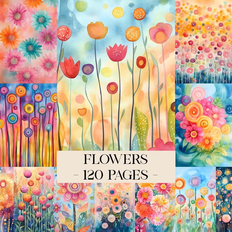 Colorful Flowers Digital Papers, Watercolor Flower Backgrounds, Floral ...
