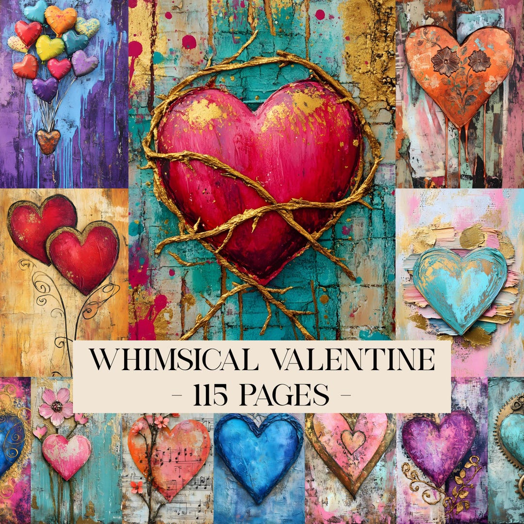 Whimsical Valentine Junk Journal Kit Printable Digital Ephemera Heart ...