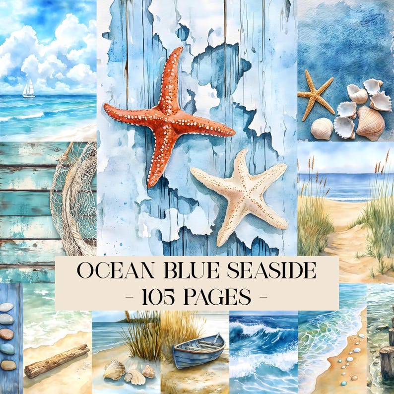 Ocean Blue Seaside Junk Journal Kit, Coastal Beach Printable Ephemera ...