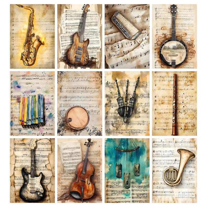Vintage Music Junk Journal Pages, Musical Instruments Printable, Sheet ...
