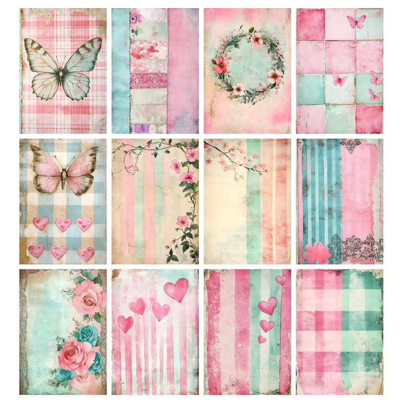 Vintage Pink and Mint Junk Journal Paper, Distressed Cottage Shabby ...