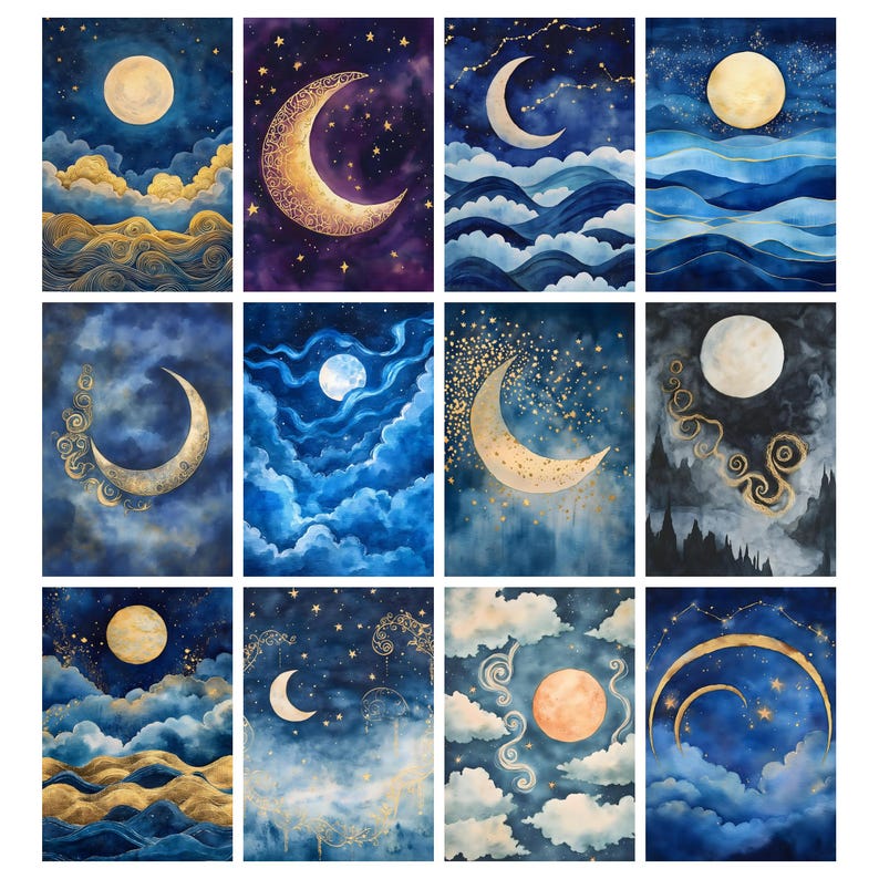 Celestial Night Sky Digital Papers, Moon Junk Journal Pages, Cosmic ...
