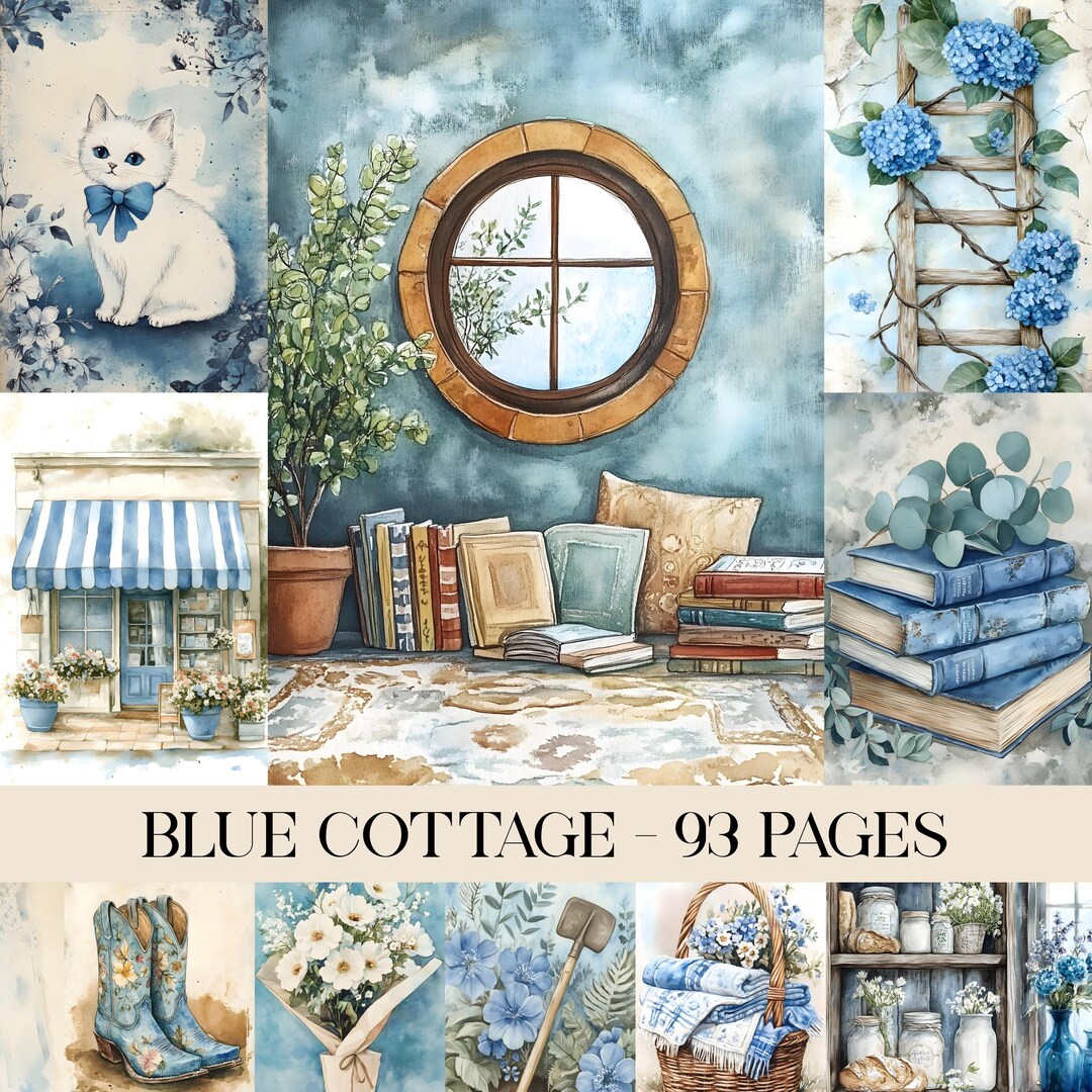 Blue Cottage Junk Journal Scrapbook Wall Art Pages, Vintage Shabby Chic ...