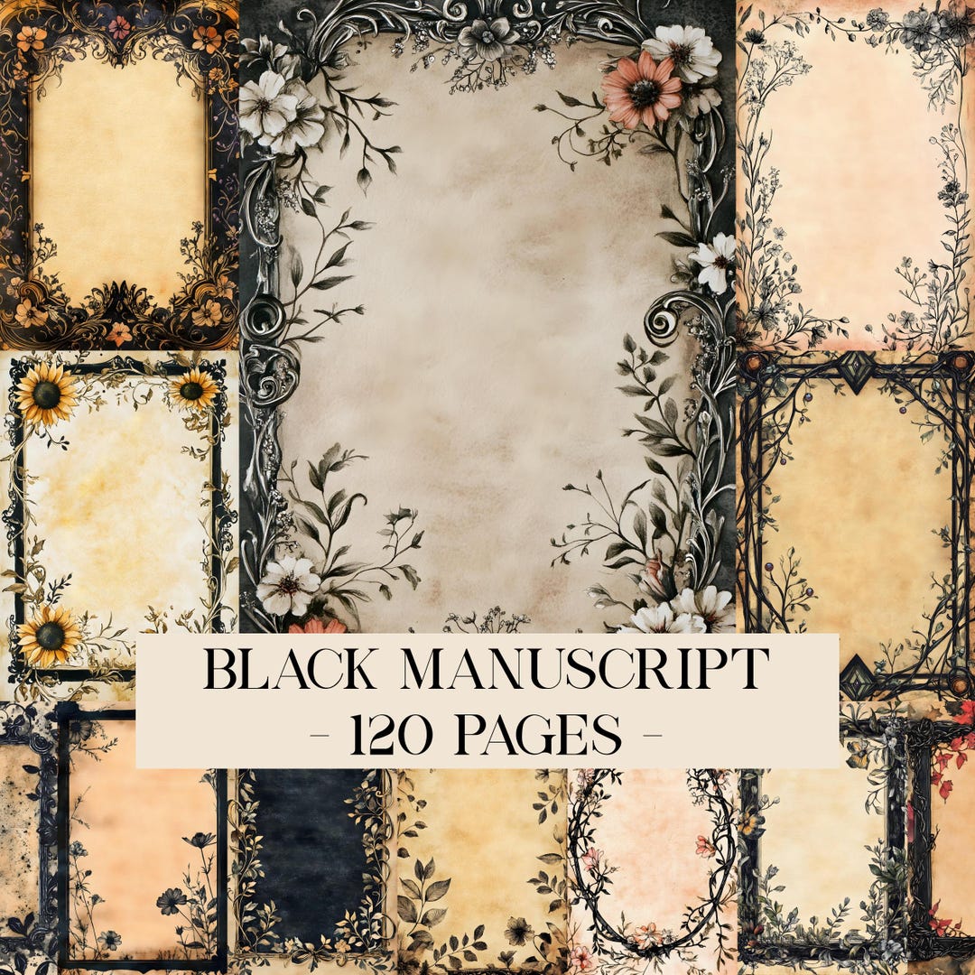 Black Manuscript Pages, Gothic Junk Journal Paper, Vintage Printable ...