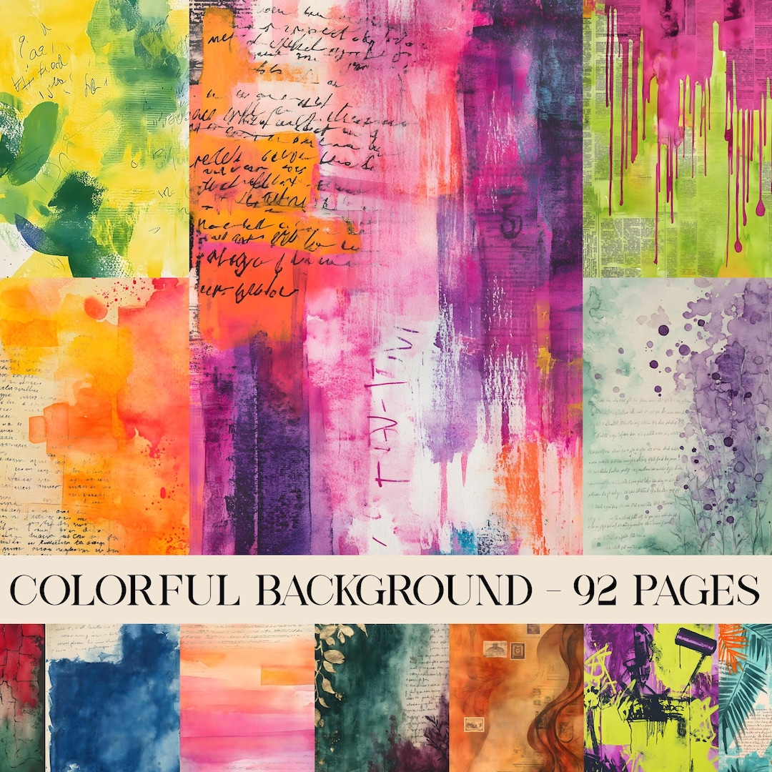 Mixed Media Digital Paper, Colorful Printable Ephemera, Bright Vibrant ...