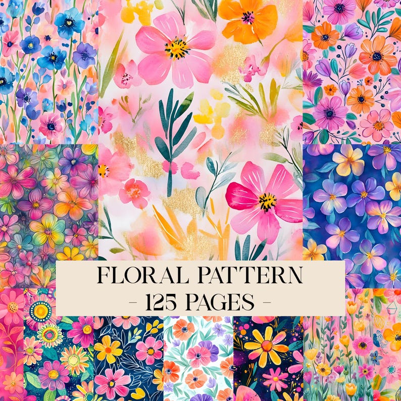 Floral Pattern, Floral Digital Papers, Watercolor Bright Colorful Boho ...