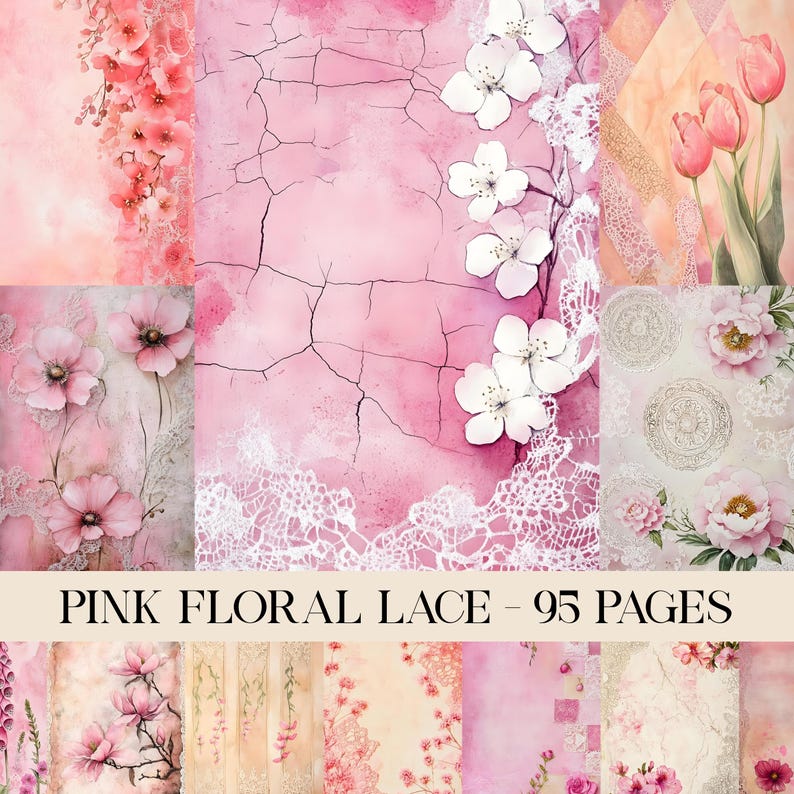 Pink Floral Lace Junk Journal Printable Pages, Digital Lace Collage ...