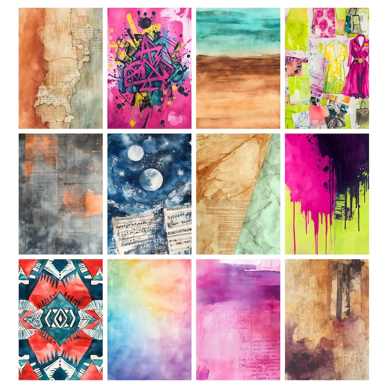 Mixed Media Digital Paper, Colorful Printable Ephemera, Bright Vibrant ...
