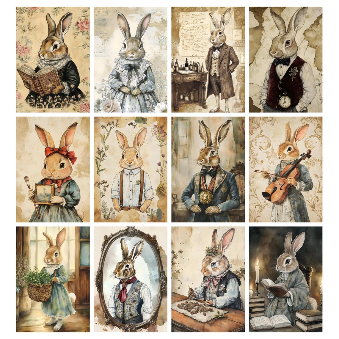 Floral Bunny Digital Papers, Printable Cute Easter Rabbit Botanical Art ...