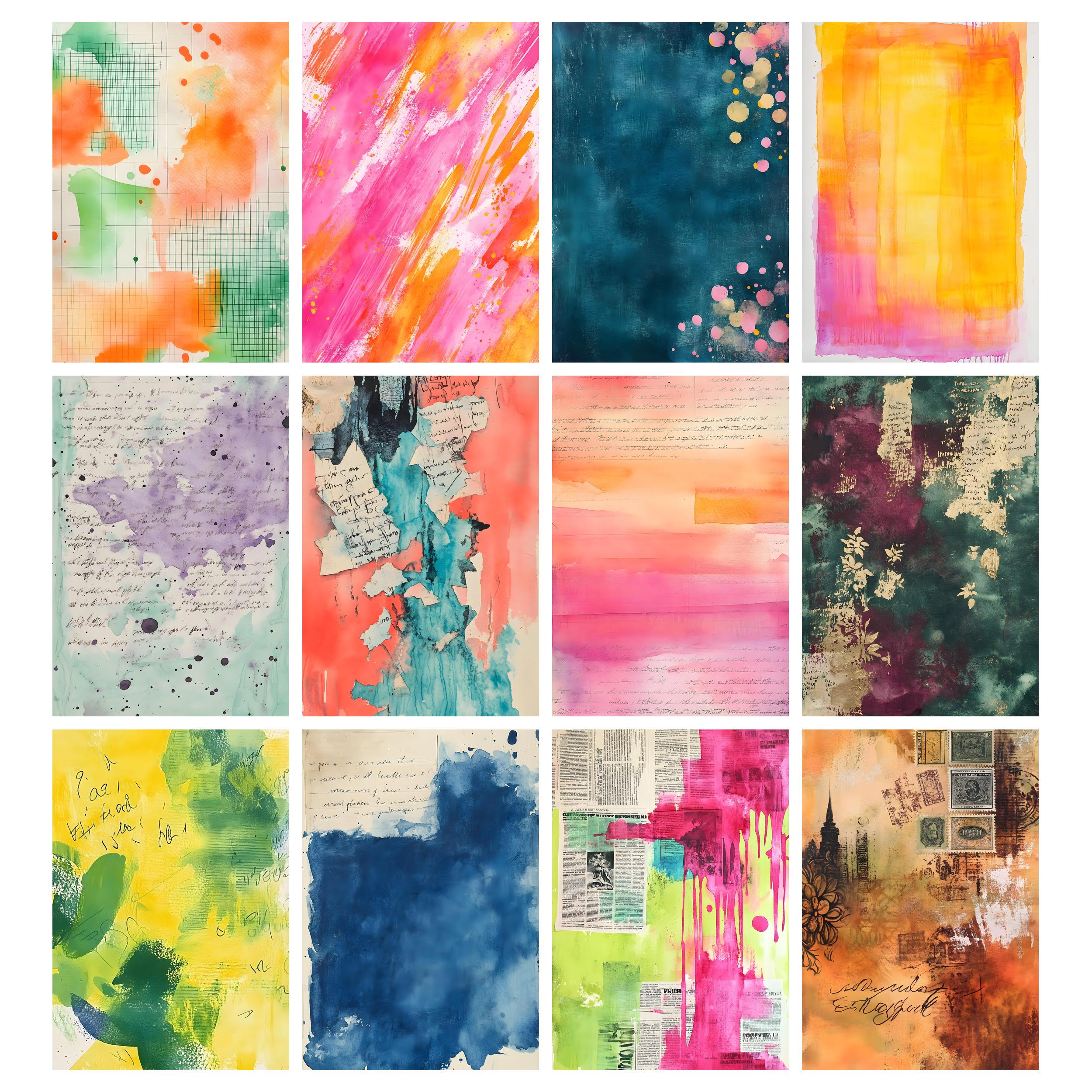 Mixed Media Digital Paper, Colorful Printable Ephemera, Bright Vibrant ...