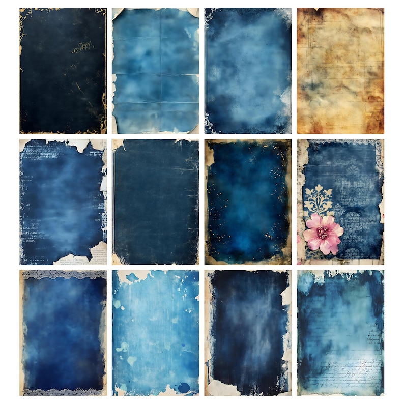Antique Blue Shabby Chic Junk Journal Papers, Printable Vintage Digital ...