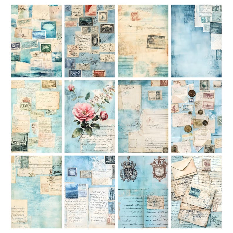 Blue Postal Paper, Letter Collage Paper, Vintage Decoupage Papers ...