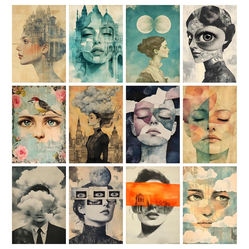 Vintage Surreal Faces Collage, Abstract Eye Junk Journal Pages ...