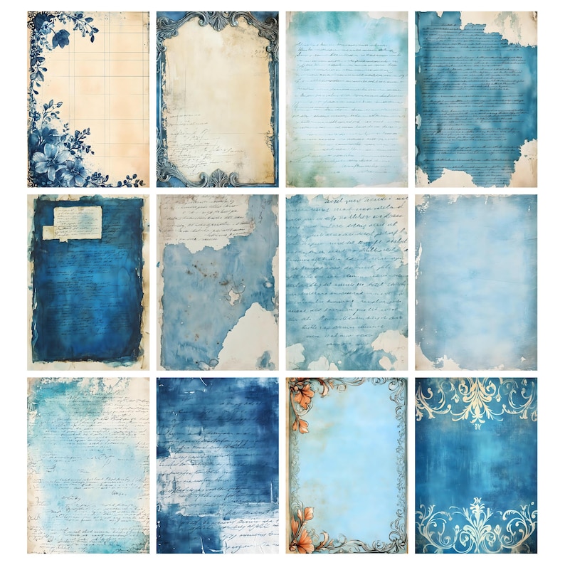 Vintage Blue Printable Paper, Blue Junk Journal Pages, Shabby Chic ...