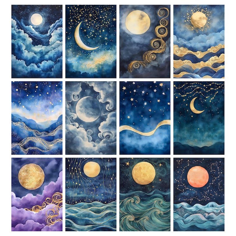Celestial Night Sky Digital Papers, Moon Junk Journal Pages, Cosmic ...