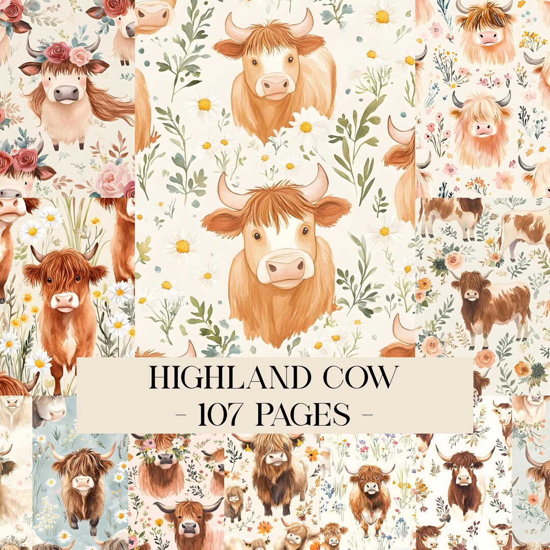 Highland Cow Pattern, Cottagecore Cows Junk Journal Pages, Country Cow ...