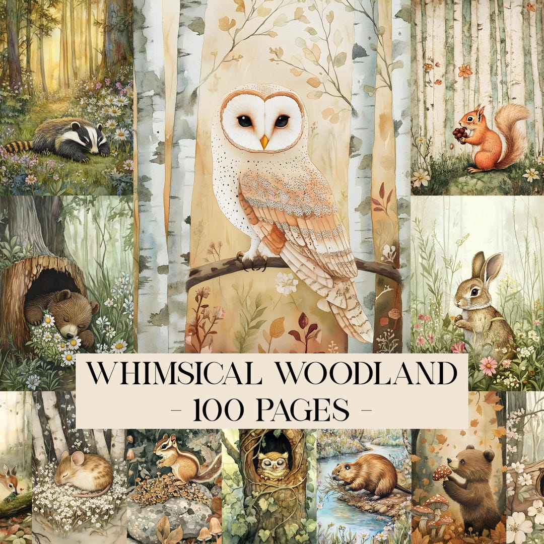 Whimsical Woodland Printable Art Pages, Quirky Digital Papers, Forest ...
