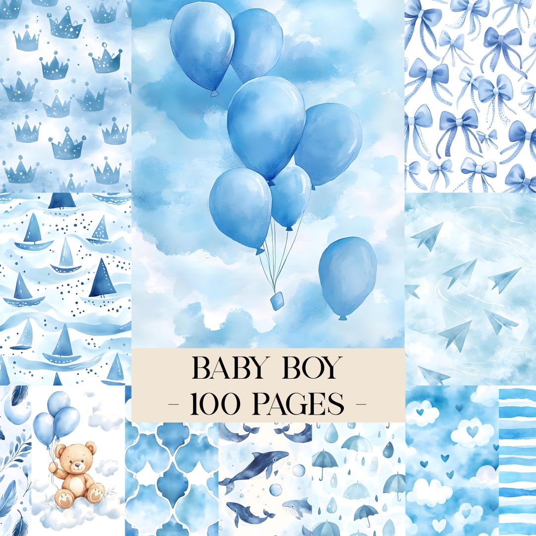 Baby Boy Digital Digital Paper Pack, Blue Baby Shower, Baby Junk ...