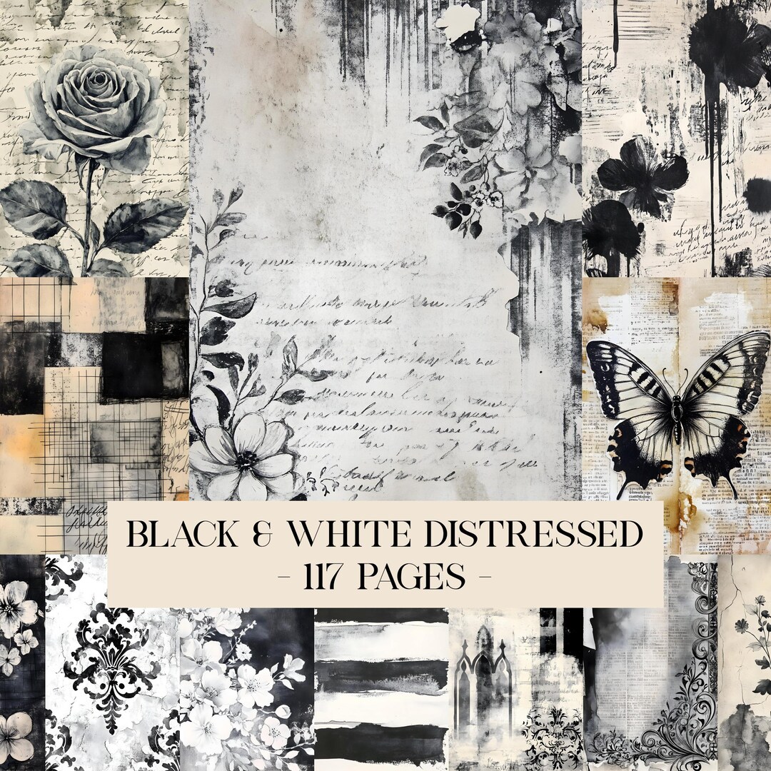 Black and White Distressed Junk Journal Pages, Vintage Grunge Printable ...
