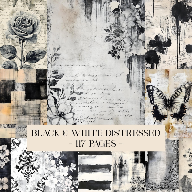 Black and White Distressed Junk Journal Pages, Vintage Grunge Printable ...